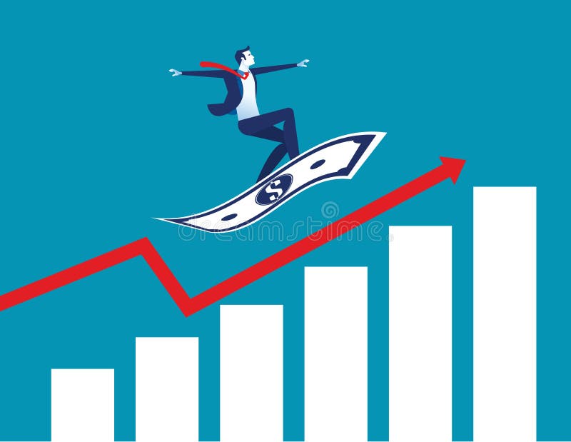 Businessman on Flying Money with Graph Up. Concept Business Vector ...