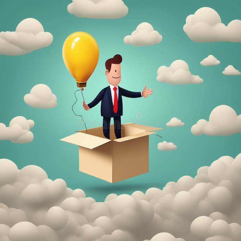 Businessman Flying Out of the Box Using Balloon and Carrying Lightbulb ...
