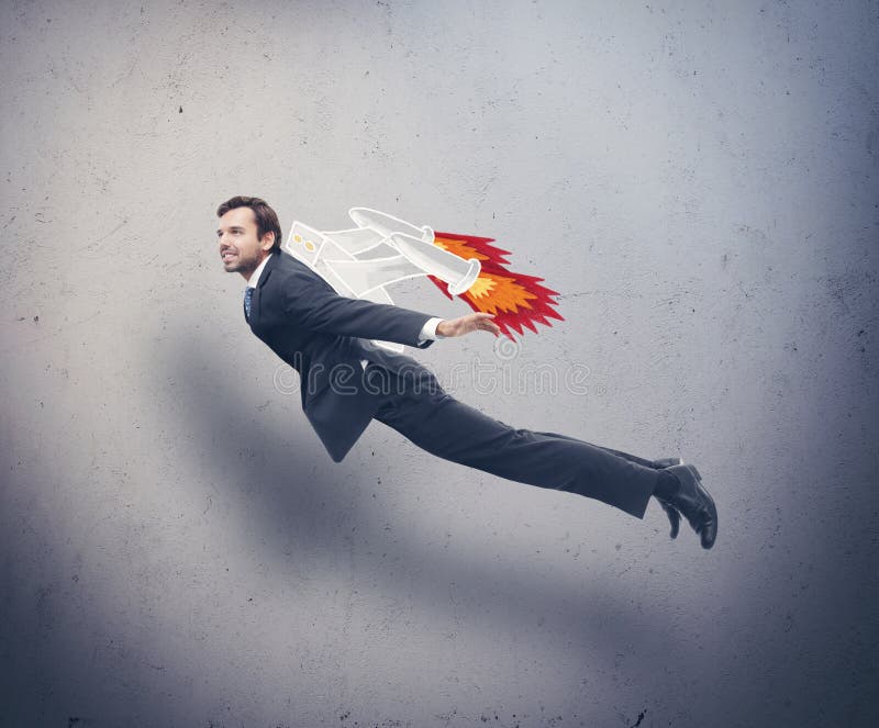 Businessman Flying with Rocket Backpack Stock Image - Image of blast ...