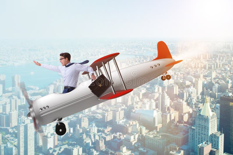 The Businessman Flying on Vintage Old Airplane Stock Image - Image of ...