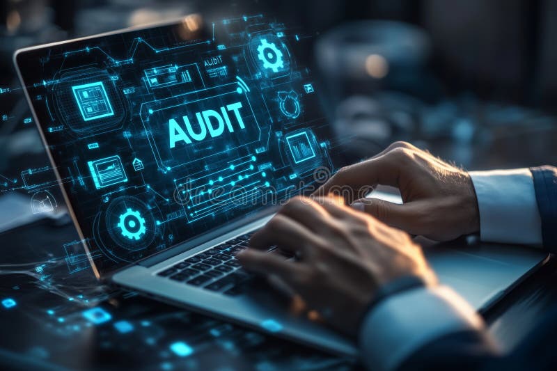 Business Audit Compliance Professional Working on a Laptop in a Modern ...