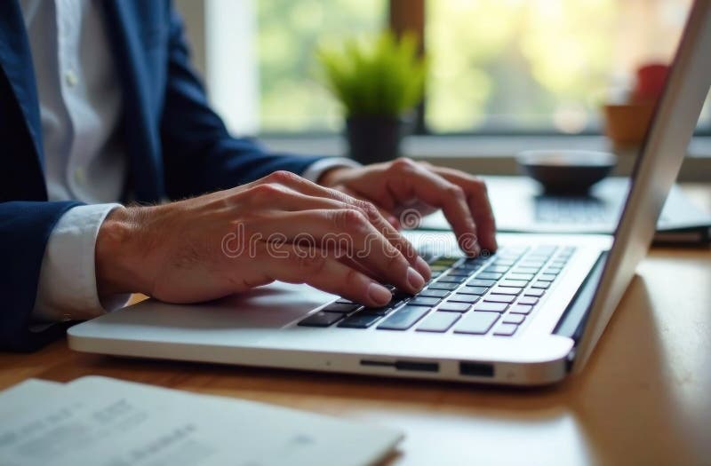 A Businessman is Focused on His Work, Typing Efficiently on a Laptop ...