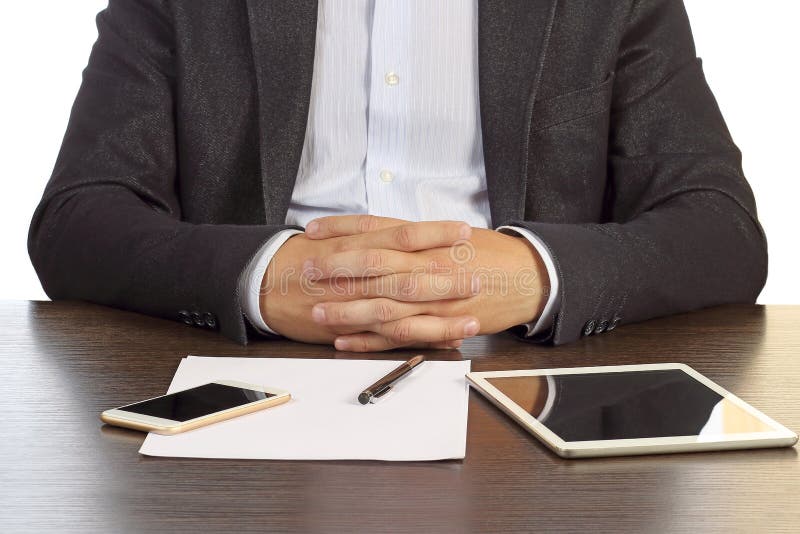 Businessman Folded His Hands at the Desk. Stock Image - Image of ...