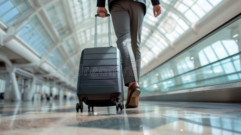 Businessman in Formal Attire is Walking through an Airport Terminal, Pulling a Black Rolling ...
