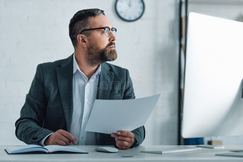 Businessman in Formal Wear and Glasses Doing Paperwork Stock Image ...