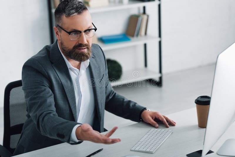 Businessman in Formal Wear Talking in Video Chat in Office Stock Image ...