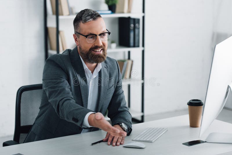 Businessman in Formal Wear Talking in Video Chat in Office Stock Photo ...