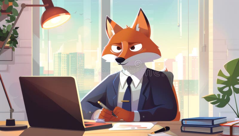 Businessman Fox Character at Work Stock Illustration - Illustration of ...