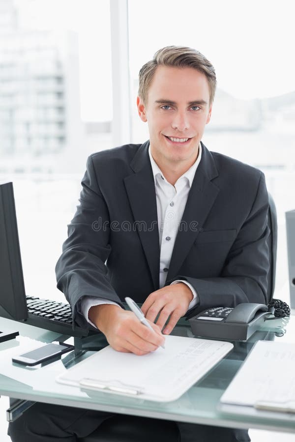 Businessman in Front of Computer at Office Desk Stock Image - Image of ...
