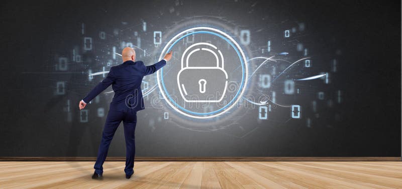 Businessman in Front of a Wall with Security Padlock Wheel Icon with ...
