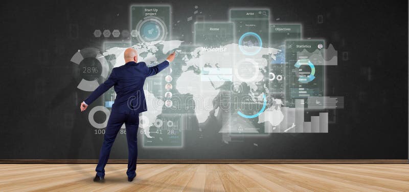 Businessman in Front of a Wall with User Interface Screens with Icon ...