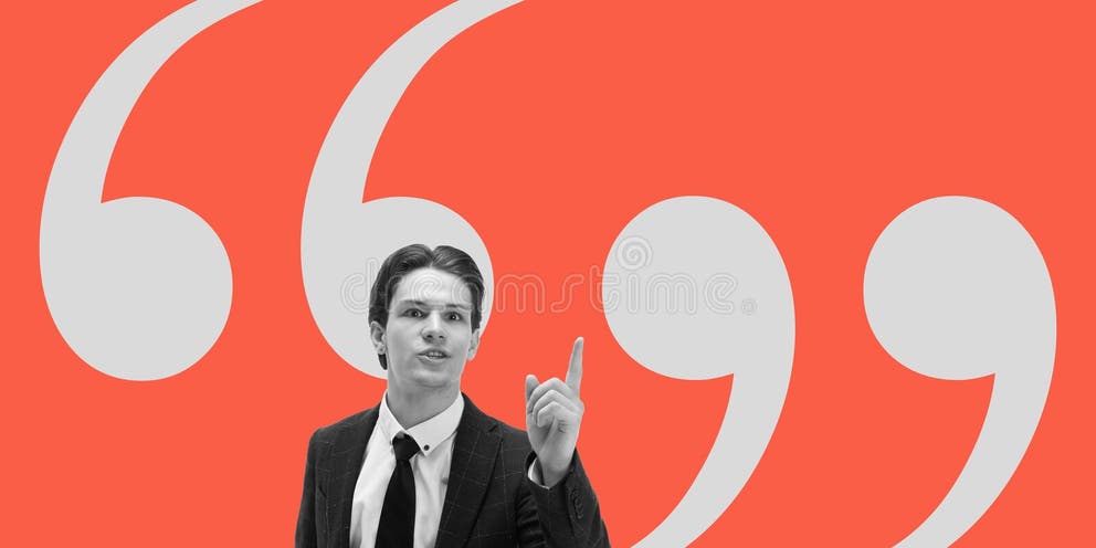 Businessman Gestures Energetically in Front of Oversized Quotation ...