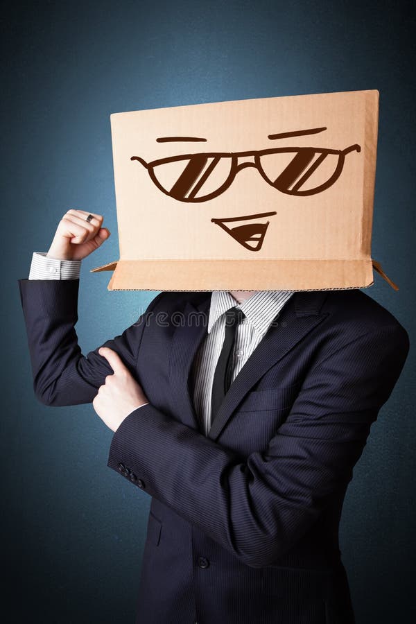 Businessman Gesturing with a Cardboard Box on His Head with Smiley Face ...
