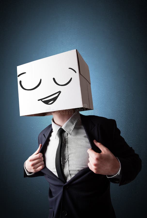 Businessman Gesturing with a Cardboard Box on His Head with Smiley Face ...