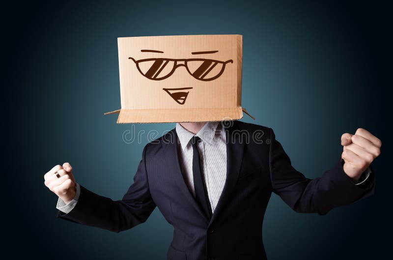 Businessman Gesturing with a Cardboard Box on His Head with Smiley Face ...