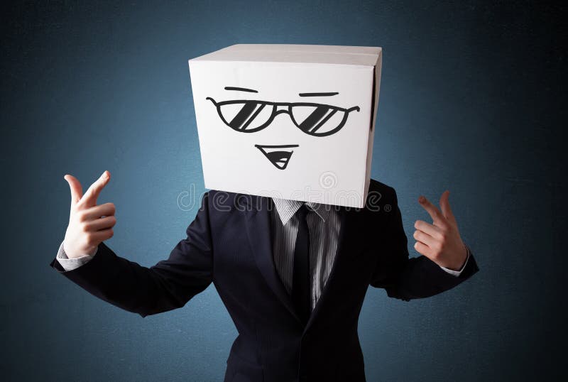 Businessman Gesturing with a Cardboard Box on His Head with Smiley Face ...