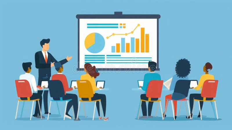 Businessman Leading Presentation with Pie Chart and Bar Graph To Group ...