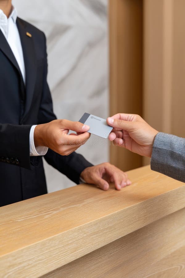 Businessman Giving Credit Card To Receptionist at Hotel Check in Stock ...