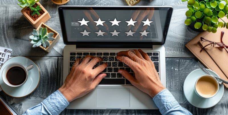 Businessman Giving a Five-star Rating on a Laptop in a Modern Office ...