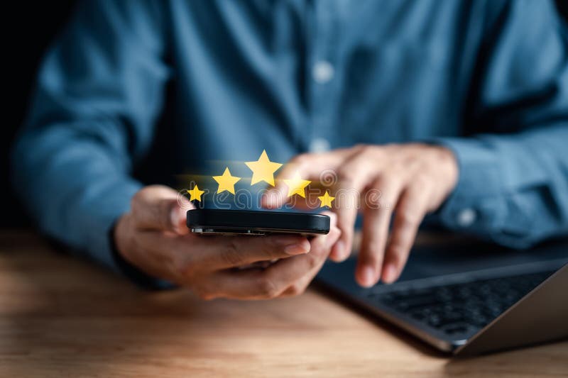 Businessman Giving Five Star Via Smartphone, Customer Satisfaction ... Businessman Giving Five Star Via Smartphone, Customer Satisfaction ...