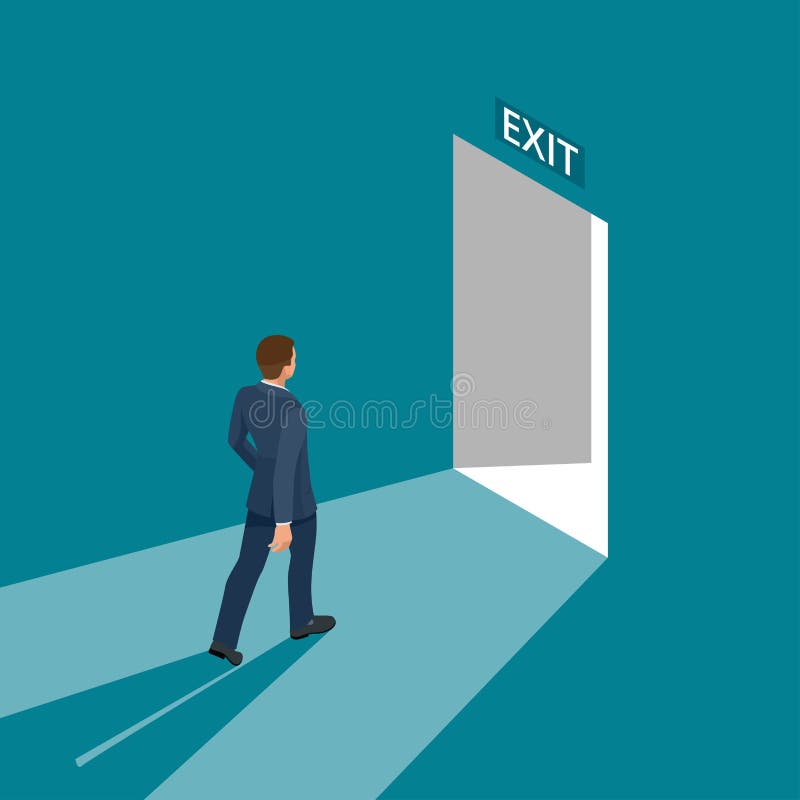 Businessman Going Exit Door Sign, Emergency. Business Solution or Exit ...