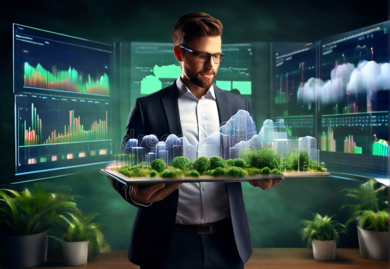 A Businessman Grasps a Model of a 3D Digital Farm Stock Illustration ...