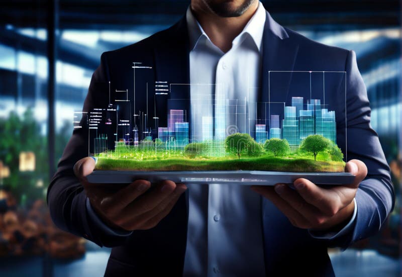 A Businessman Grasps a Model of a 3D Digital Farm Stock Illustration ...