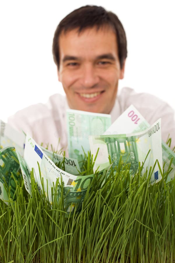 Businessman with Green Banknotes in Grass Stock Image - Image of growth ...