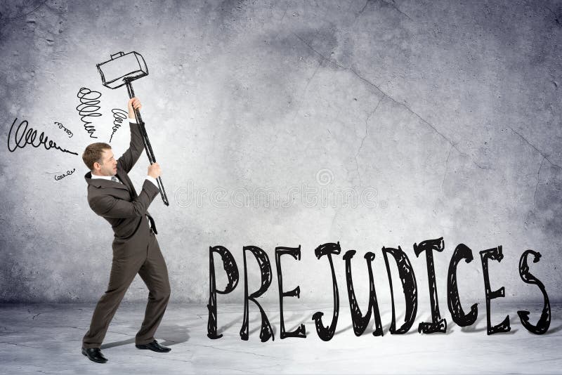Businessman with Hammer and Word Prejudices Stock Image - Image of ...