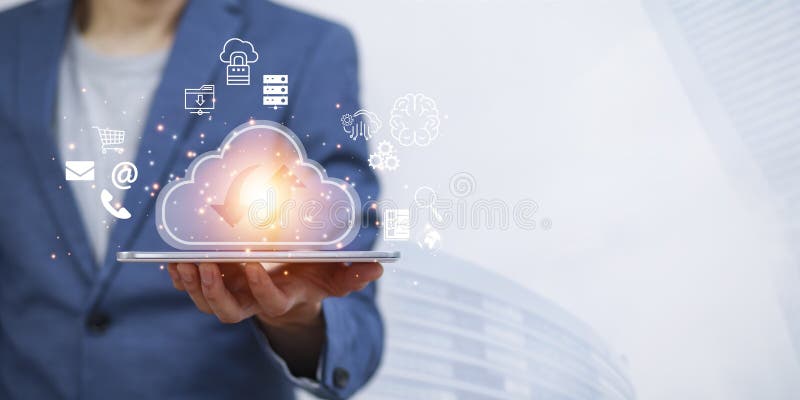 Businessman Hand Hold Data Information on the Cloud Computing Technology Internet Storage ...