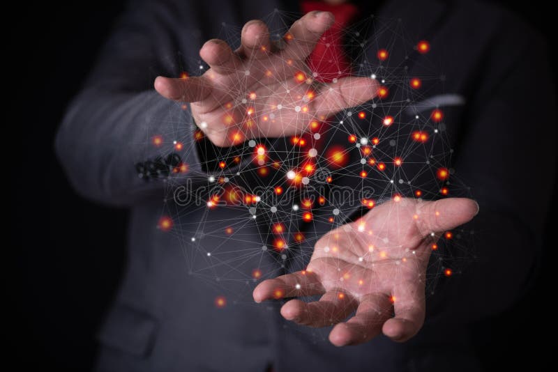 Businessman Hand Holding Complex Dot and Line Connection Stock Image ...