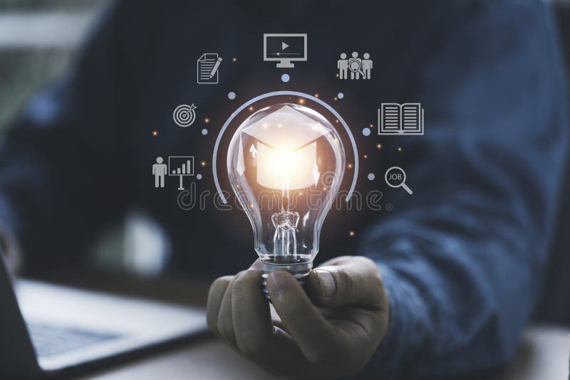 Businessman Hand Holding Lightbulb with Connection Line and Knowledge ...