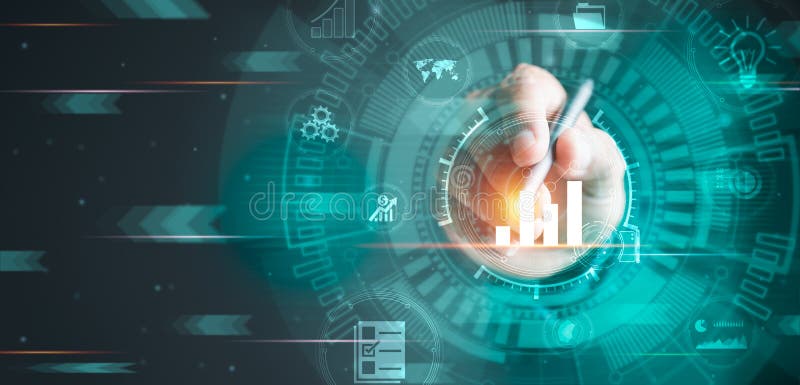 Businessman Hand Holding a Pen is Analyzing Business, Future Big Data ...