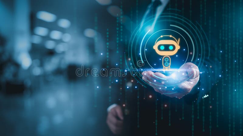 Businessman Hand Holding Robot Model and AI. Symbolic, Machine Learning, Artificial Intelligence ...