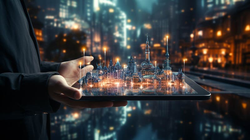 Businessman Hand Holding Smart City on Mobile Phone Stock Illustration ...