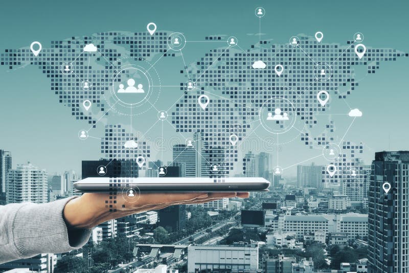 Businessman Hand Holding Tablet with Remote Work Interface Stock Photo ...