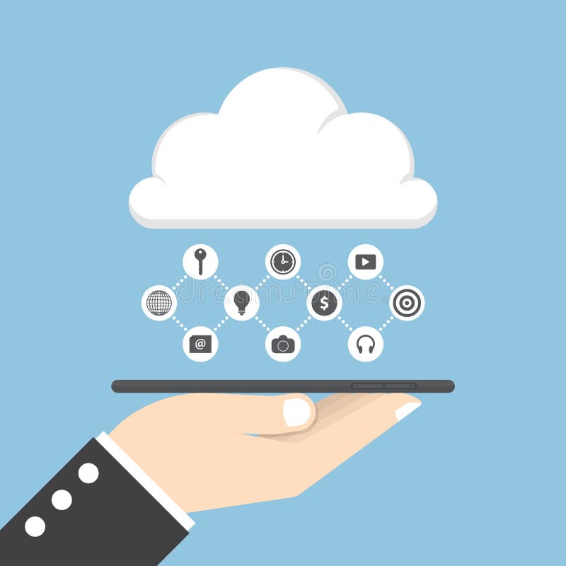 Businessman Hand Holding Tablet and Share Data on Cloud Stock Vector ...