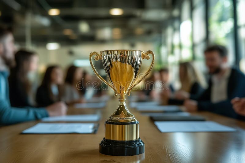 Businessman Hand Holding Trophy on the Table in Office V Stock ...