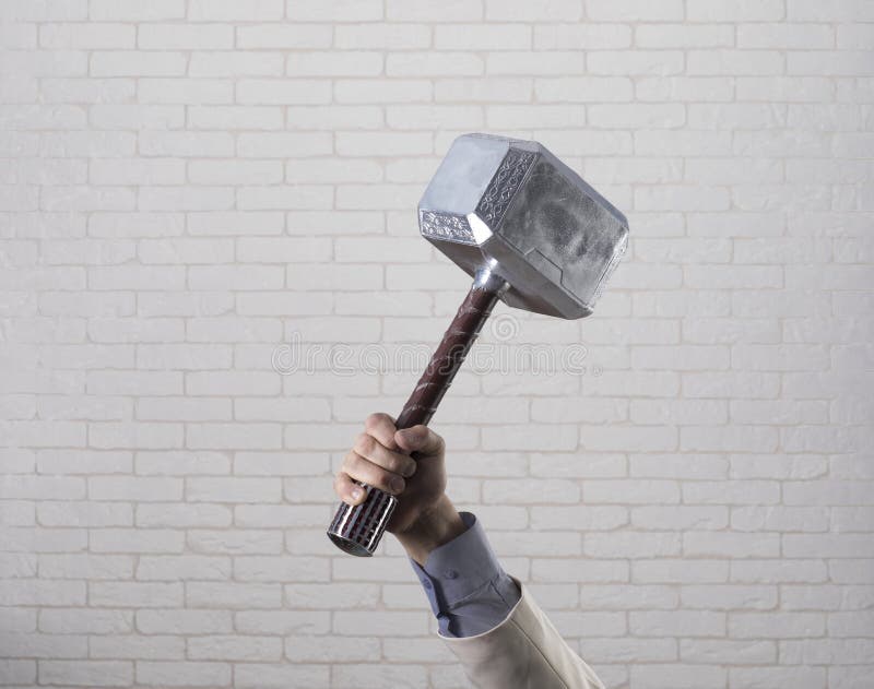 Businessman Hand Holds Hammer Thor Stock Image - Image of strong ...