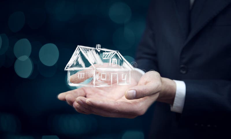 Man Hand House Model in Screen Stock Photo - Image of technology, house ...