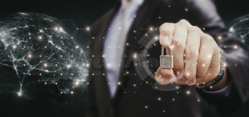 Businessman Hand Install a Protective Lock on the Communication System ...