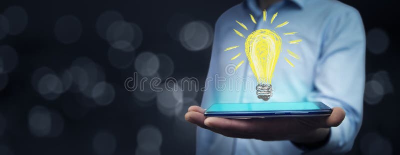Businessman Hand Phone with Idea on Virtual Screens Stock Image - Image ...