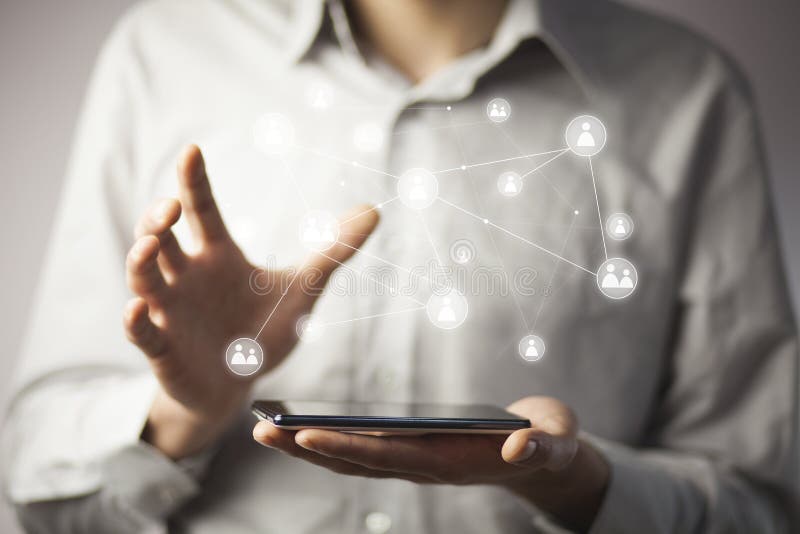 Businessman Hand Phone with Virtual Social Media Buttons Stock Photo ...