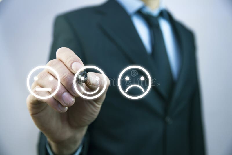 Businessman Hand Pointing the Smiley Face Icon from Screen Stock Photo ...