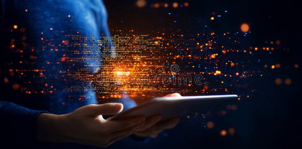 Businessman Hand Pointing at Tablet with Glowing Programming Code on Blue Binary Coding ...