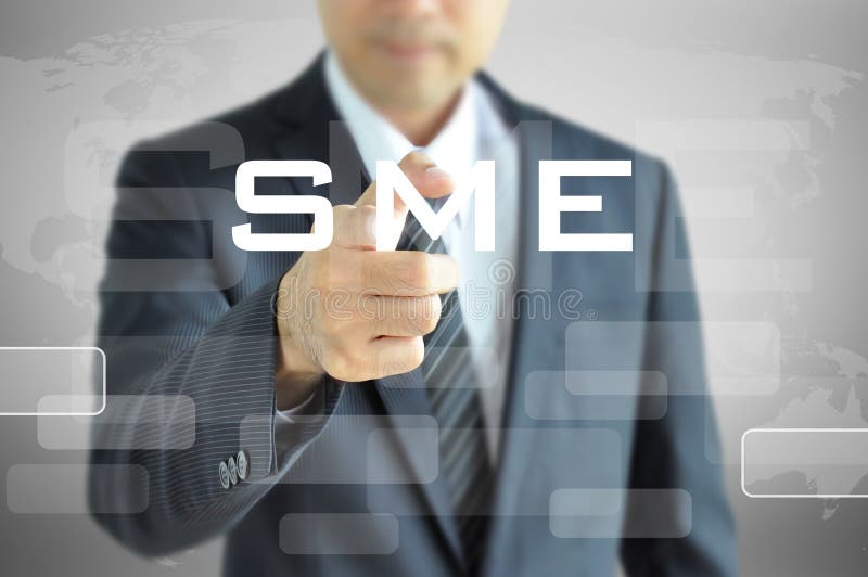 Businessman Hand Pointing To SME Sign on Virtual Screen Stock Image ...