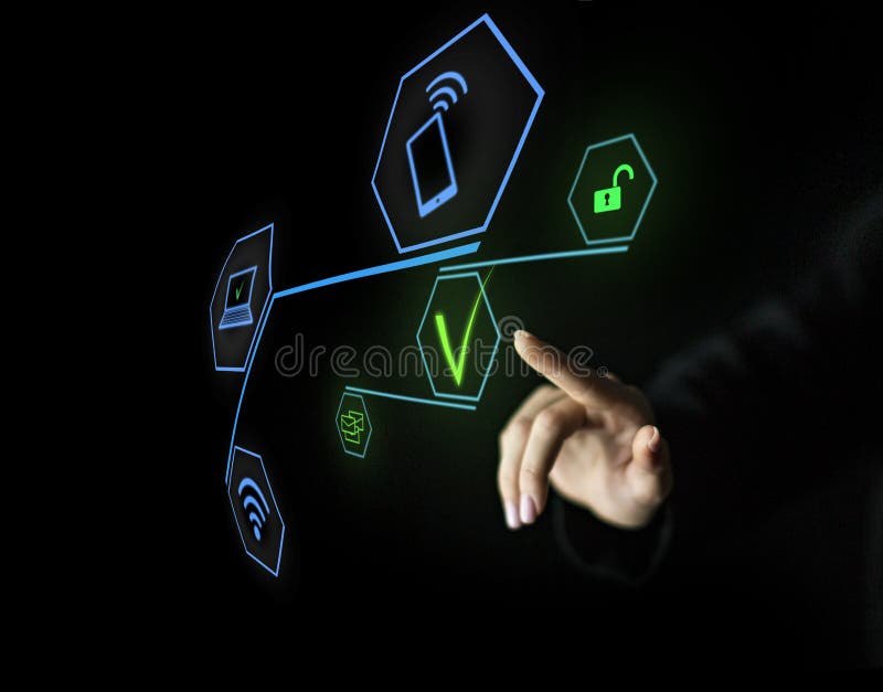 Businessman Hand Pointing on Virtual Screen Over Dark Background ...