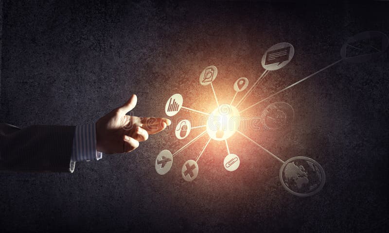 Close of Businessman Hand Showing at User Interface Glowing on W Stock ...