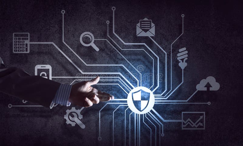 Close of Businessman Hand Showing at User Interface Glowing on W Stock ...