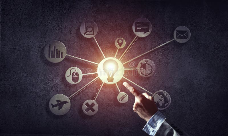 Close of Businessman Hand Showing at User Interface Glowing on W Stock ...